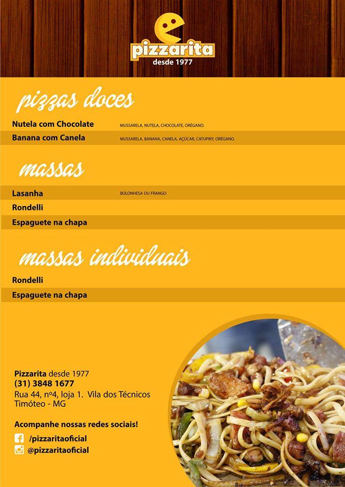Menu at Pizzarita restaurant, Timóteo, R. Quarenta e Quatro