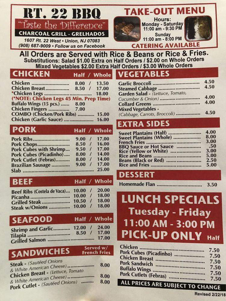 Menu at Route 22 BBQ, Union
