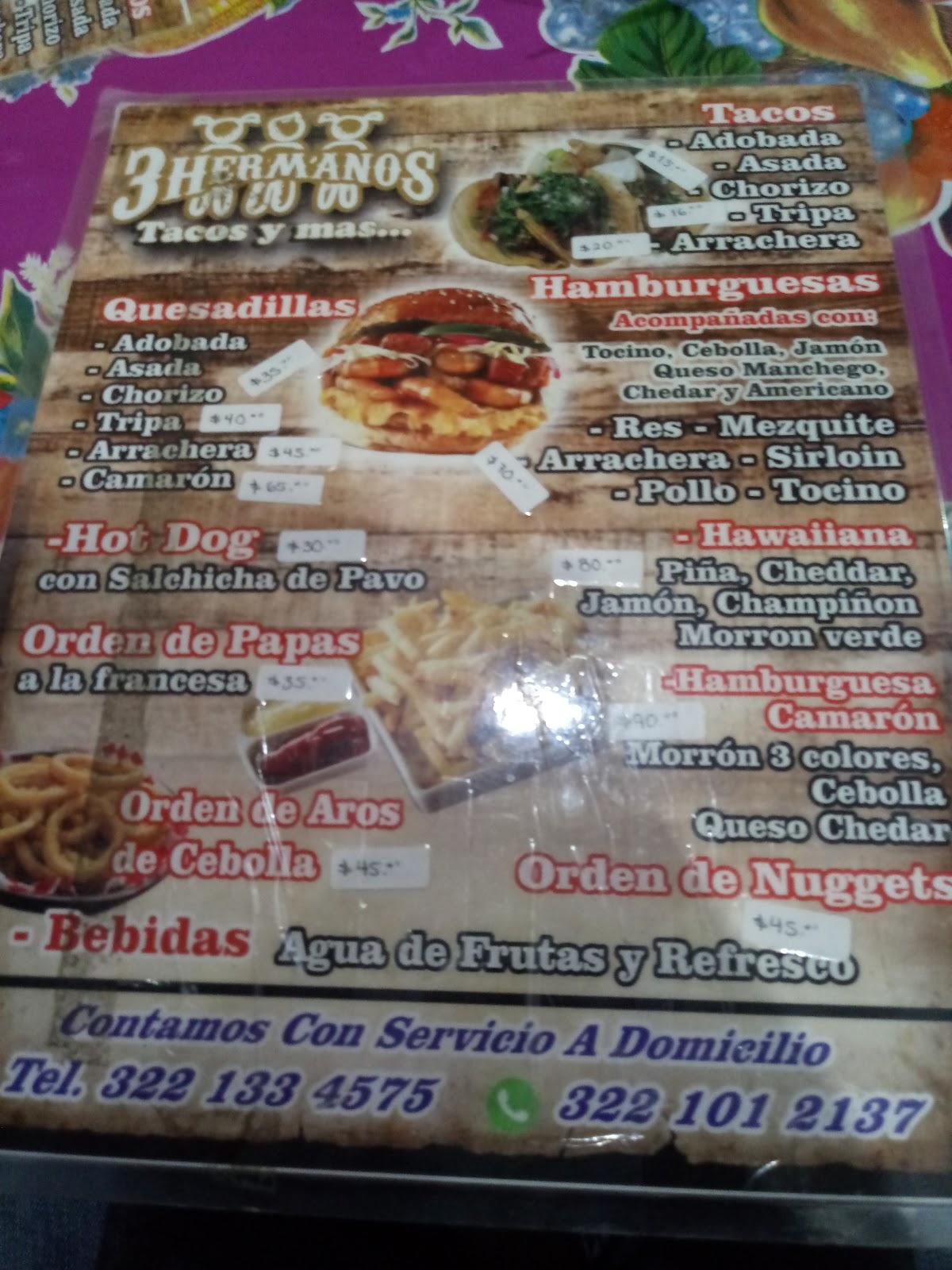 Menu at Taquería 3 Hermanos restaurant, Mexico, Mar Caribe 328