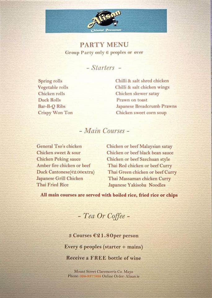 Menu at Alisan Oriental Restaurant, Claremorris