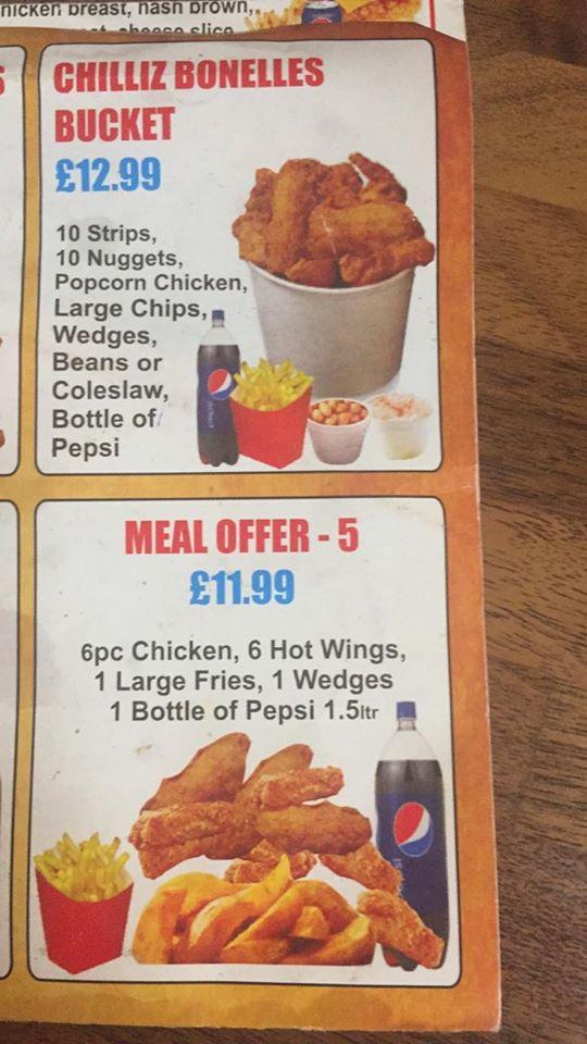 Menu at Chilliz pizzeria, Rotherham