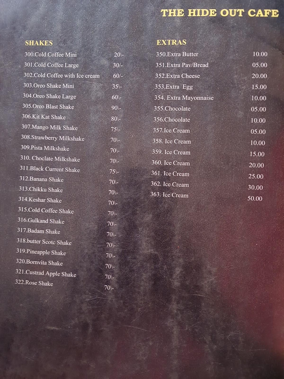 Menu at Hideout, Belgaum