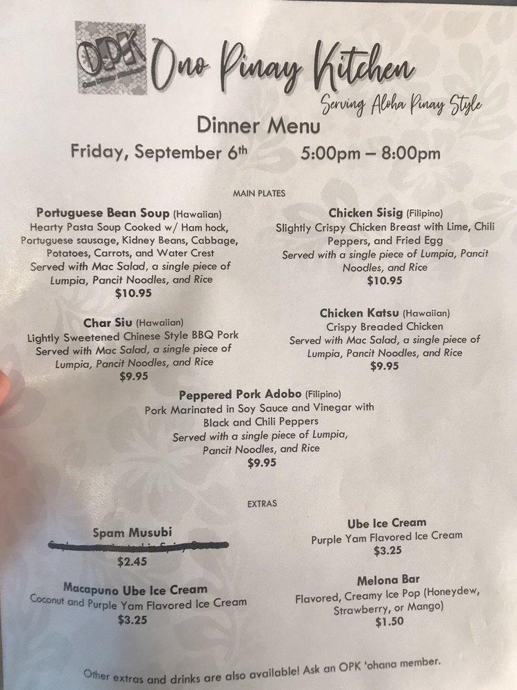 Menu at Ono Pinay Kitchen restaurant, Bellevue