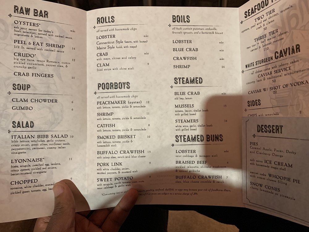 Menu at Peacemaker Lobster & Crab Co. restaurant, Tulsa