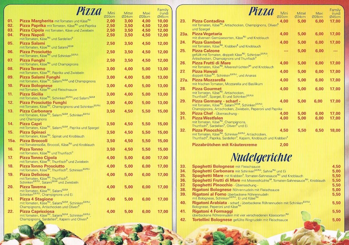 Carta de Pizzeria Pinocchio, Dortmund