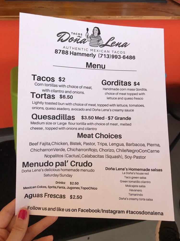 Menu at Tacos Doña Lena restaurant, Houston