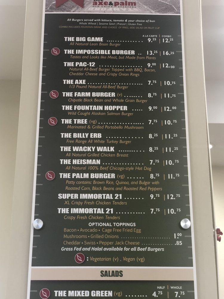 Carta del restaurante The Axe & Palm (TAP), Stanford