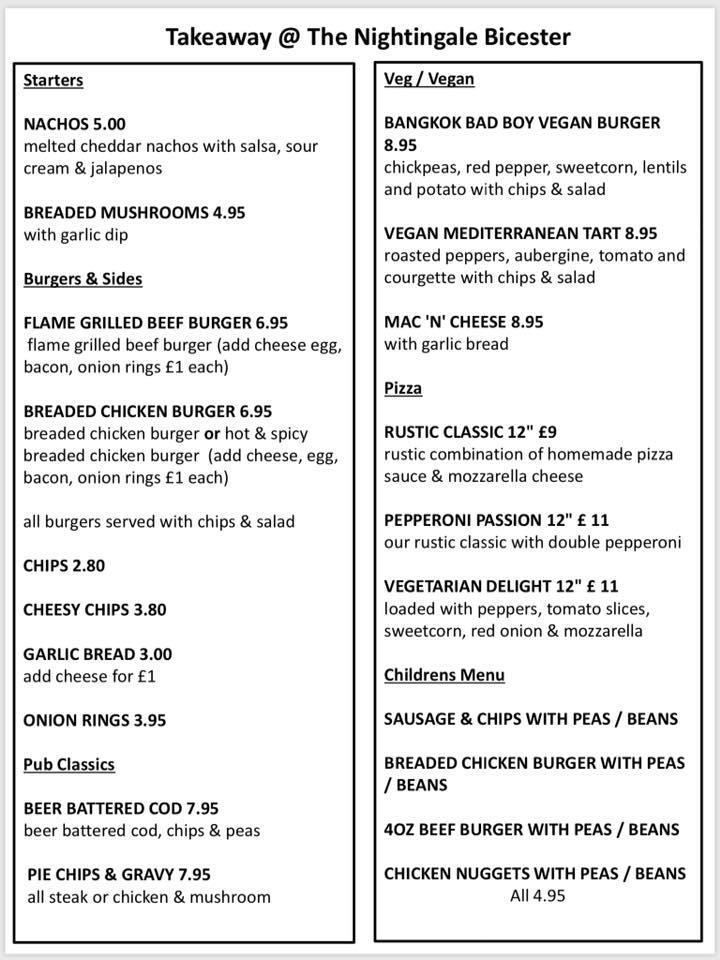 Menu at The Nightingale pub & bar, Bicester, 10 Nightingale Pl