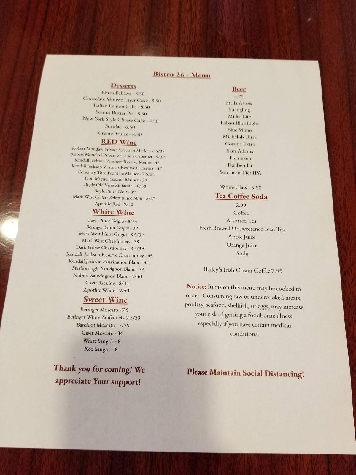 Menu at Bistro 26 restaurant, Erie