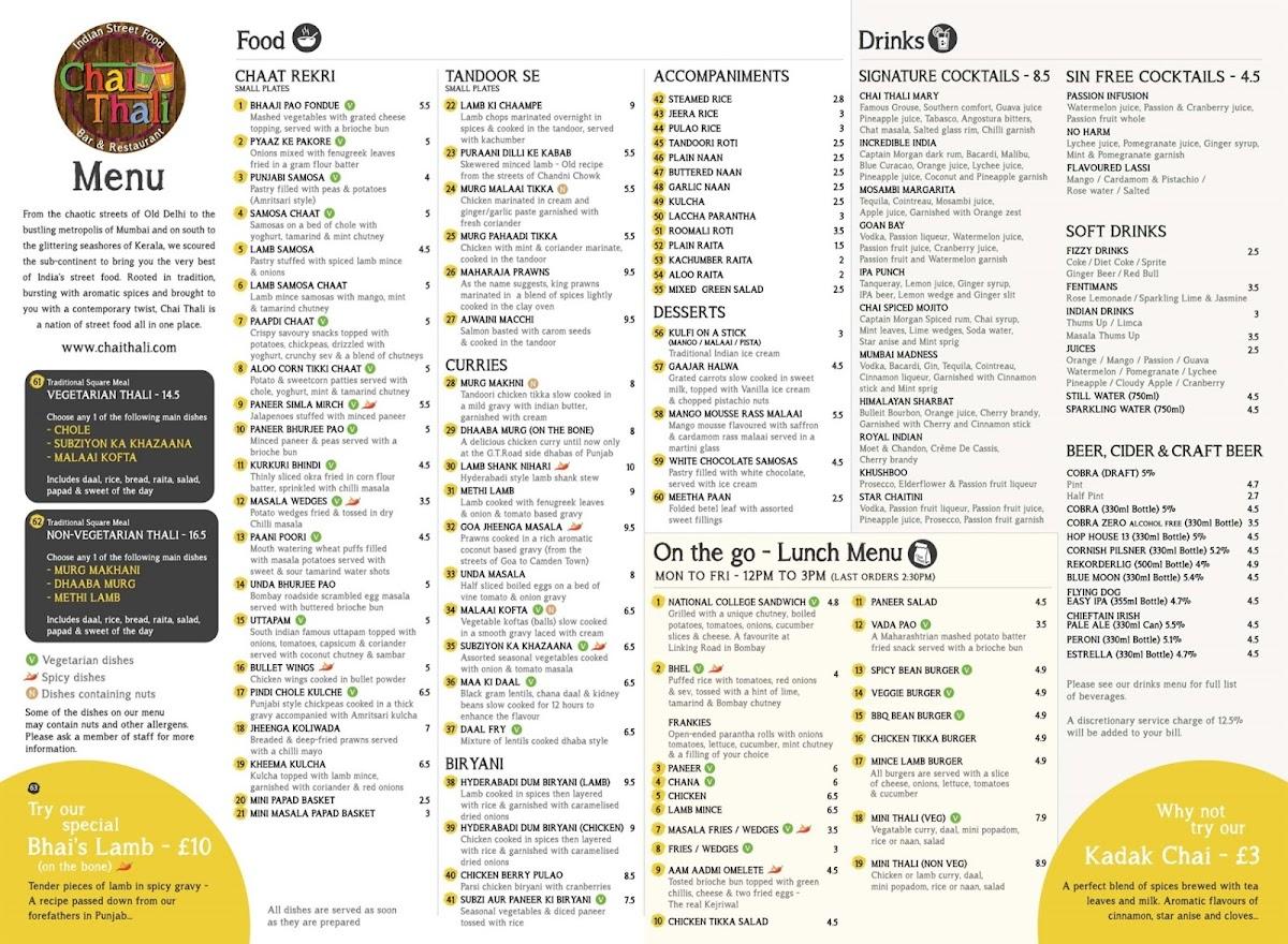 Menu at Chai Thali restaurant, London, Workshop