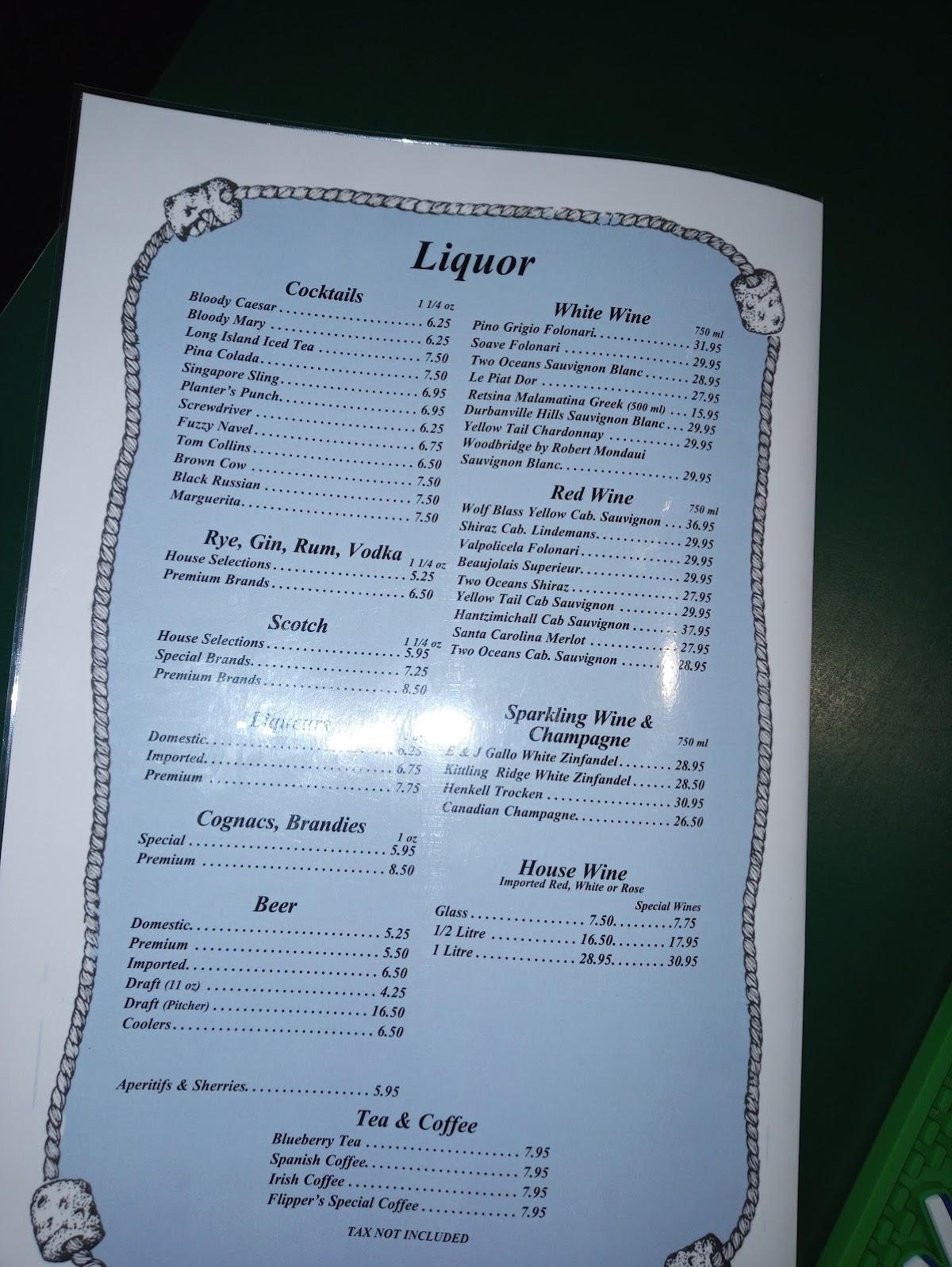 Menu at Flipper's Fish House restaurant, Toronto