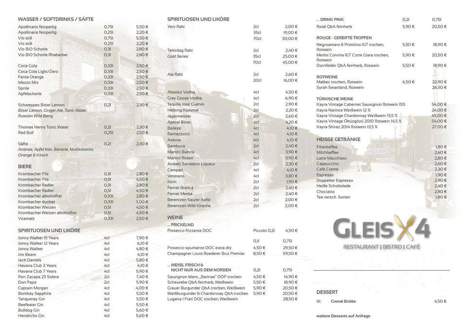 Speisekarte von Gleis4 Restaurant Bistro Cafe, Cuxhaven