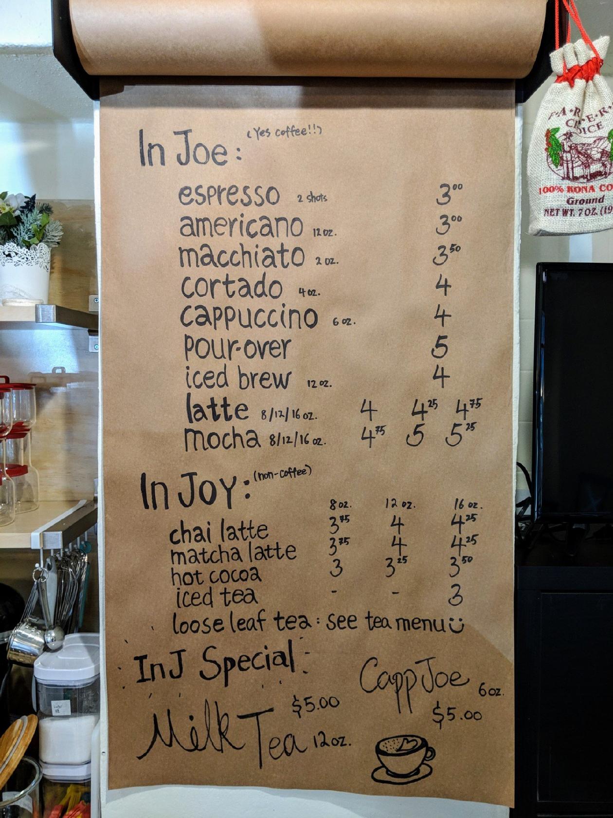 Menu at SuperJoy Coffee Lab/Roasters, Portland