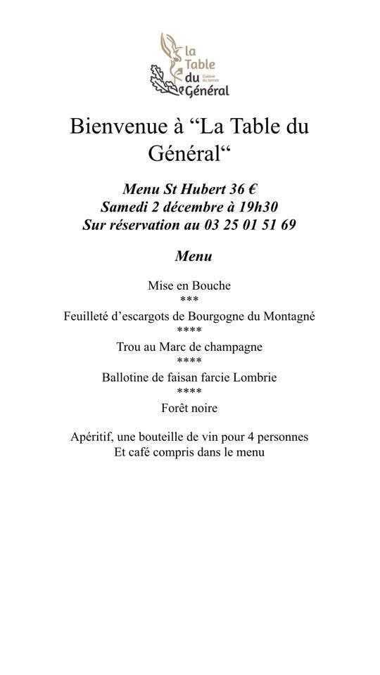 Menu au La table du Général restaurant, Colombey-les-Deux-Églises