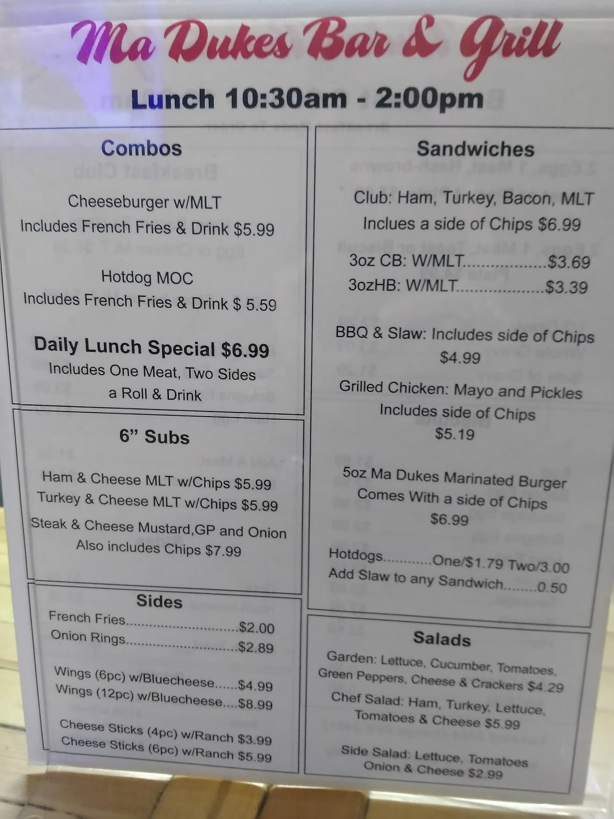 Menu at Ma Dukes Bar & Grill, Roanoke