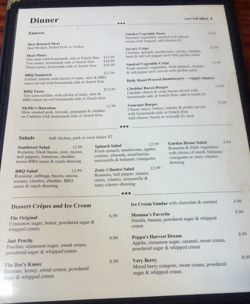 Menu at MeMe's Café cafe, Springdale