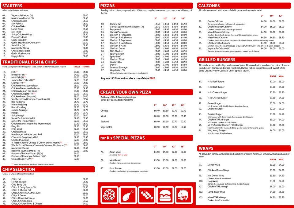 Menu at Mr K's Takeaway restaurant, Leven