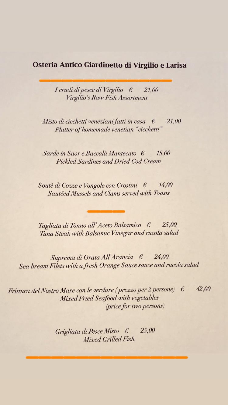 Carta del restaurante Osteria Antico Giardinetto, Venecia