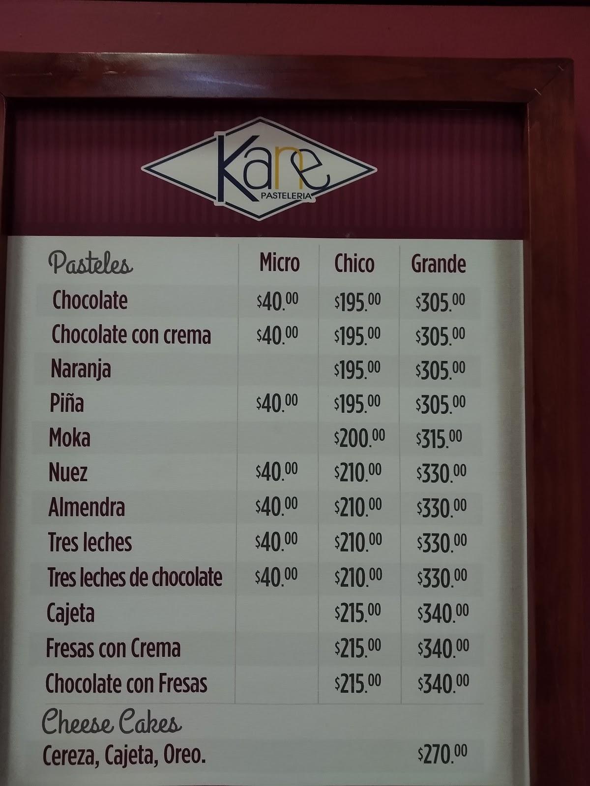 Carta de Pastelería Kane, Santiago de Querétaro