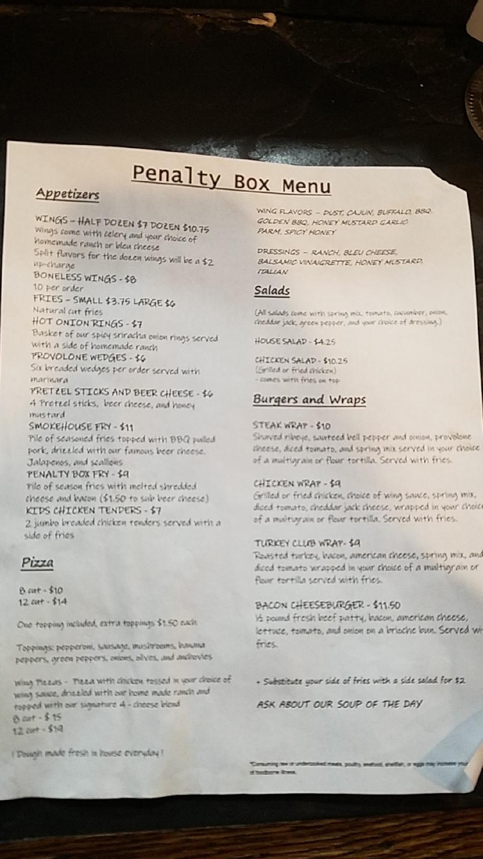 Menu at Penalty Box pub & bar, Economy