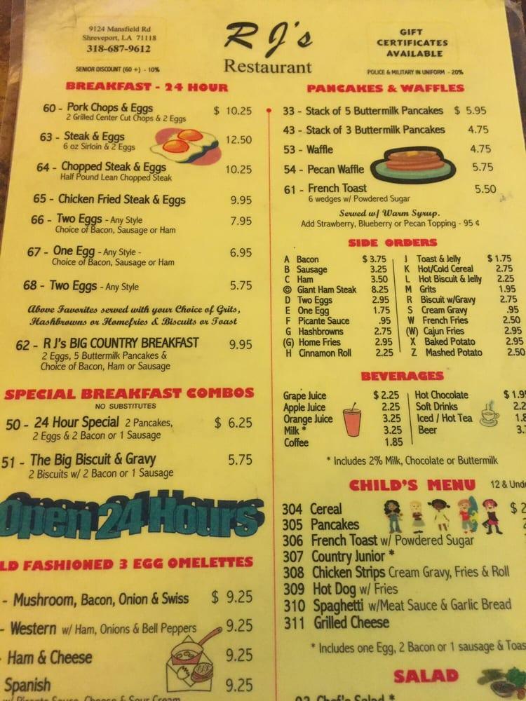 Menu at RJ's restaurant, Shreveport