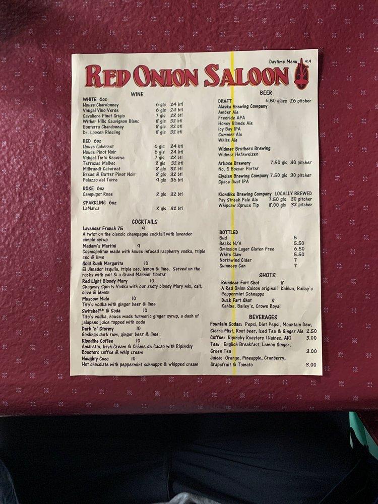 Menu at Red Onion Saloon pub & bar, Skagway, 201 Broadway