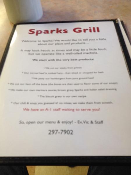Menu at Sparks Grill restaurant, Montello
