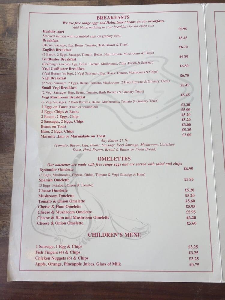 Menu at The Bystander cafe, Brighton
