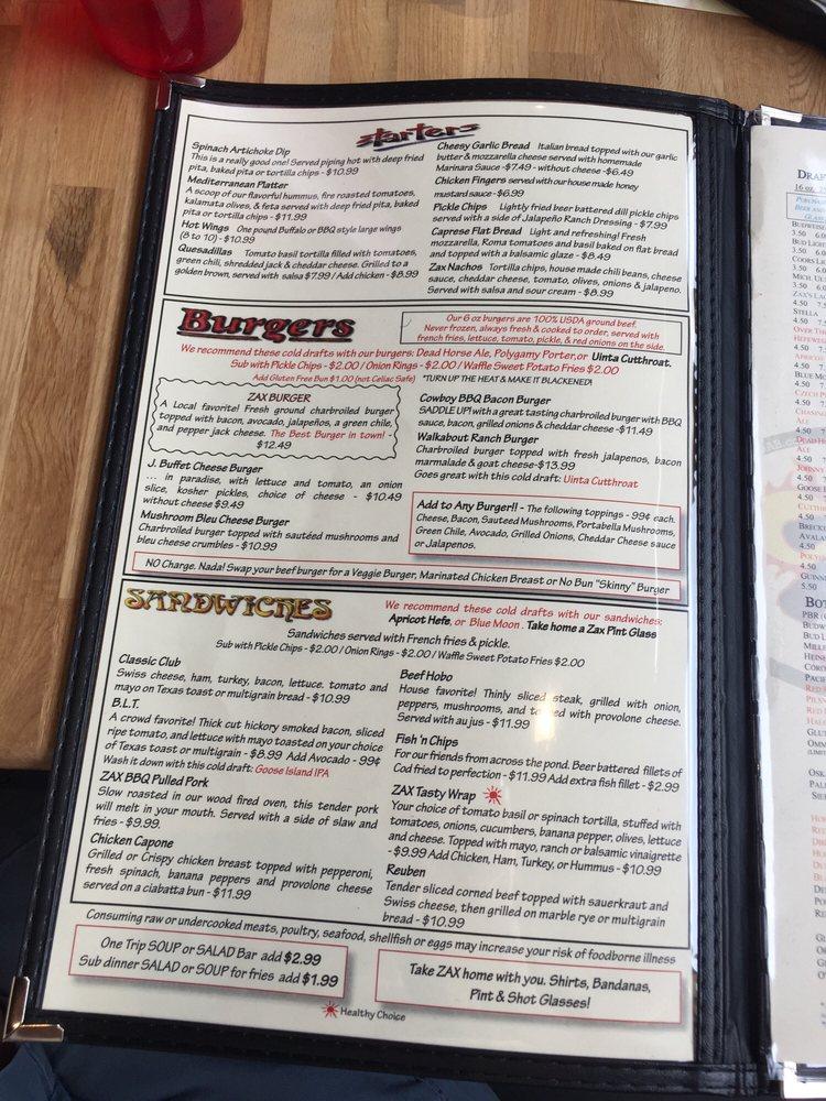 Menu at Zax Restaurant, Moab