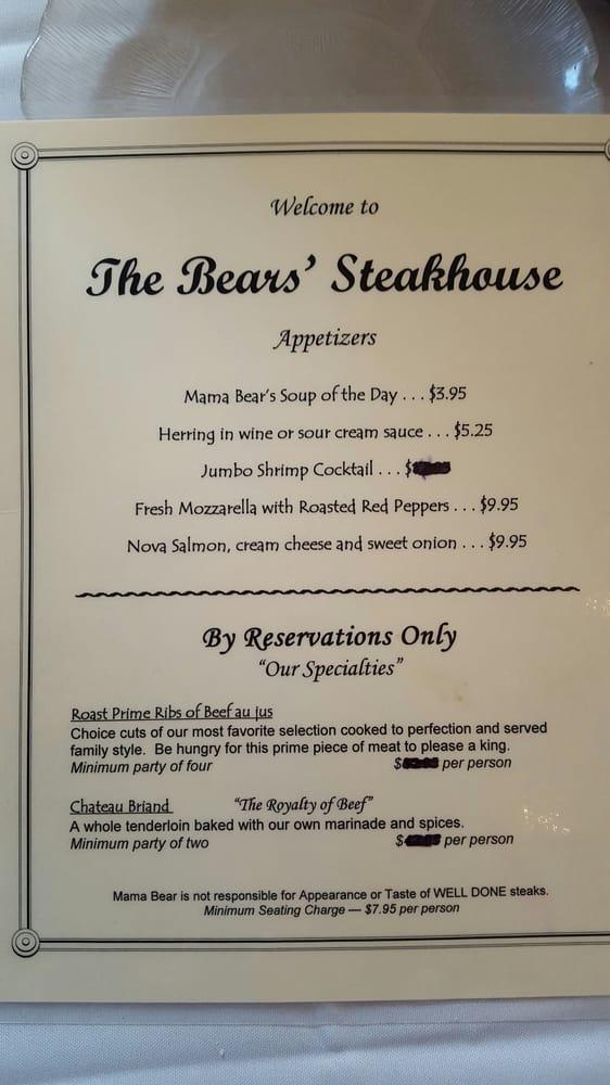 Menu at Bear's Steakhouse, Duanesburg, Duanesburg Rd
