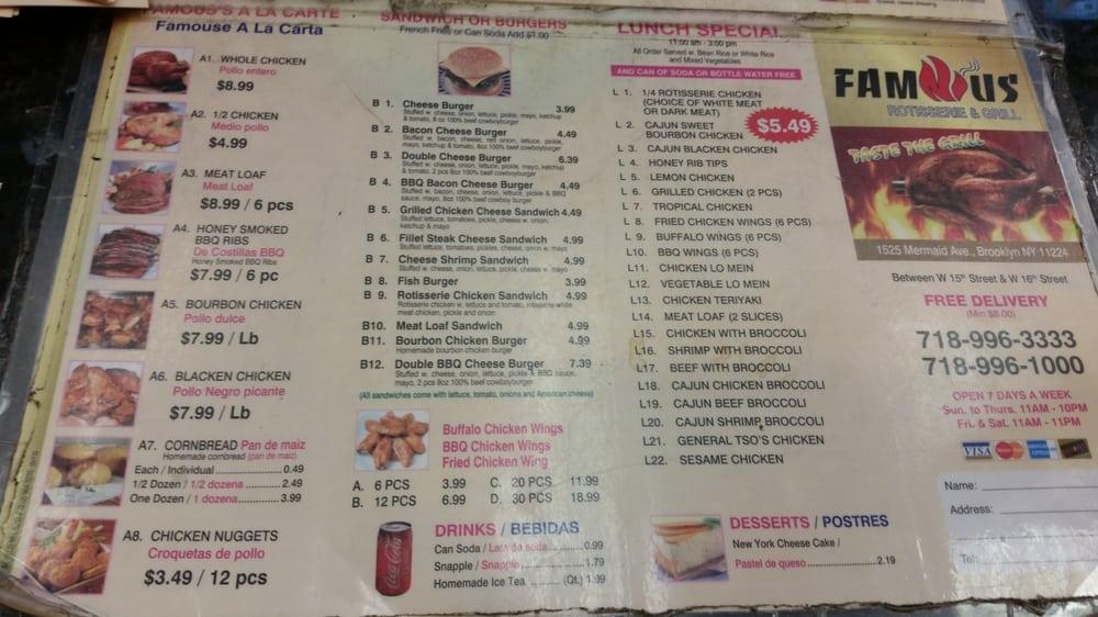 Menu at Famous Rotisserie restaurant, New York City, Mermaid Ave