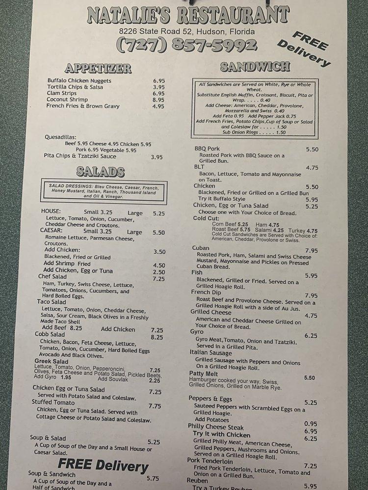 Menu at Natalie's Restaurant, Hudson, State Rd 52