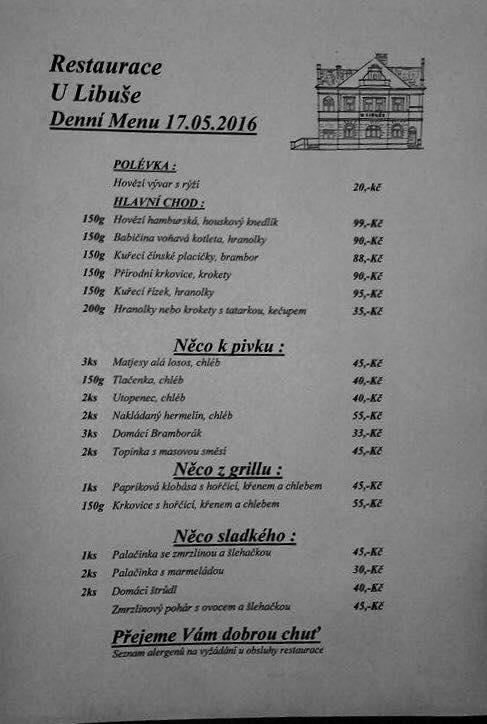 Carta del restaurante Restaurace U Libuše, Veltrusy