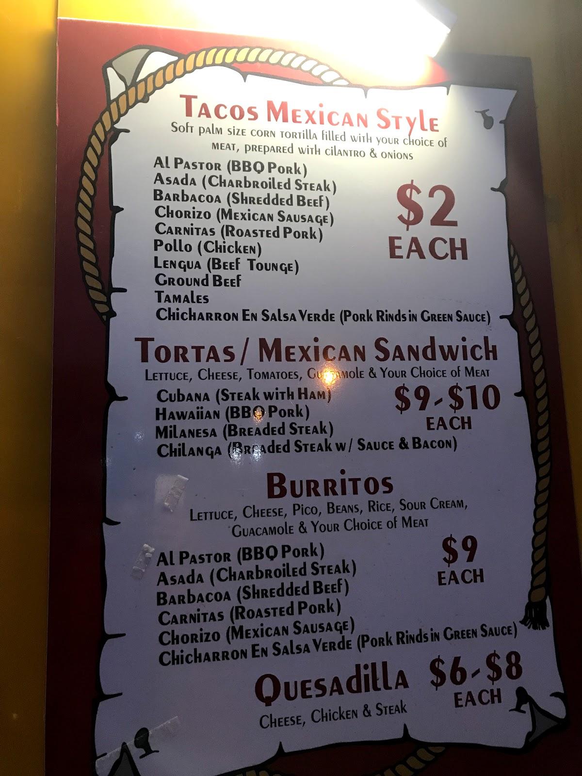 Menu at Tacos Mi Pueblo restaurant, Rochester