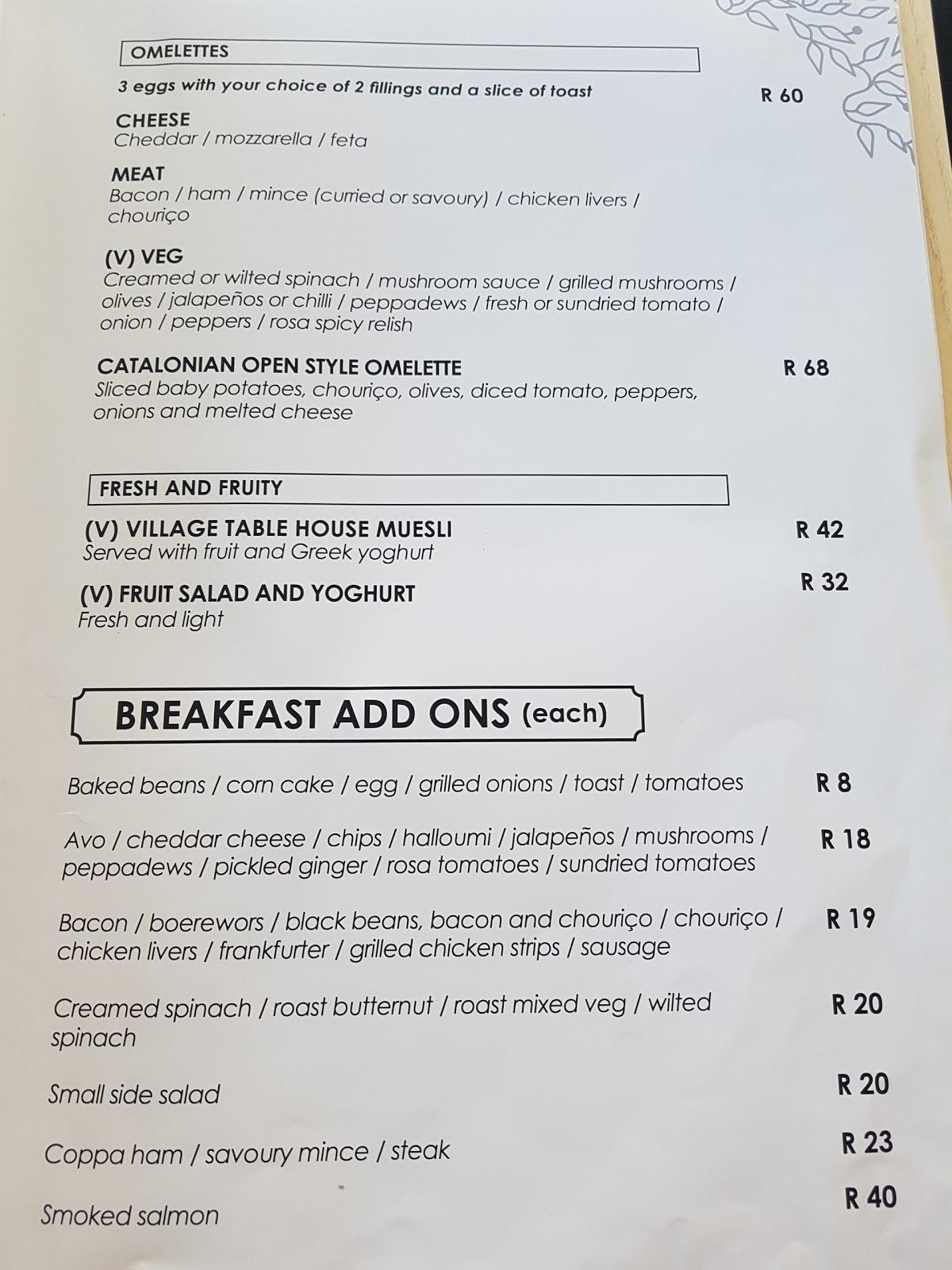 Menu at The Village Table restaurant, Durban