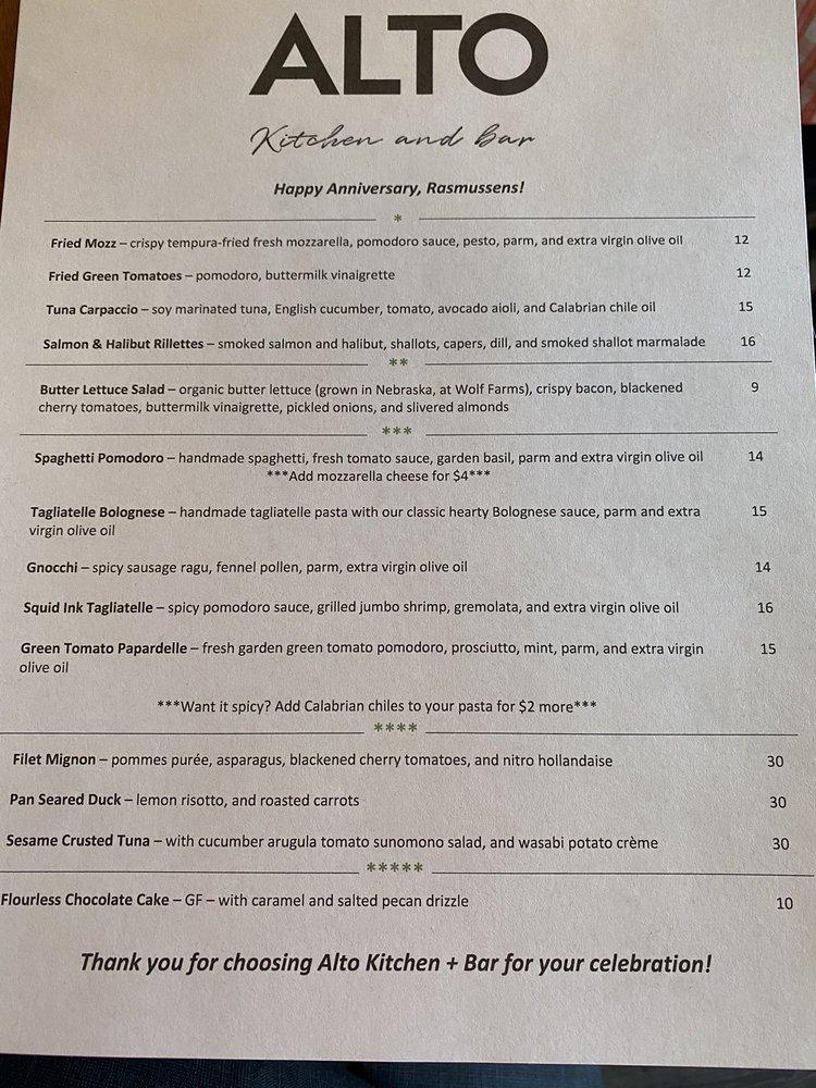 Menu at Alto Kitchen and Bar, Fremont
