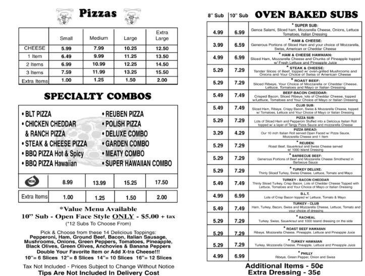 Menu at Backdoor Deli pizzeria, Gladwin