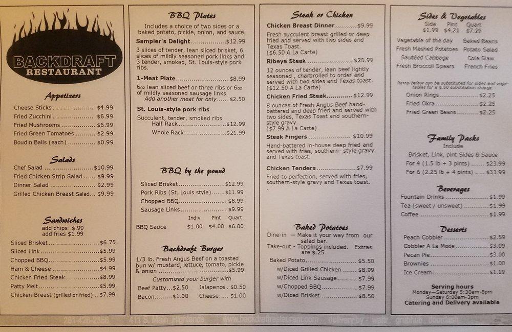 Menu at Backdraft Bar-Be-Que Inc, Highlands