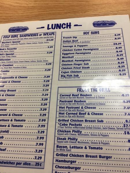 Menu at Bob's East Side Deli restaurant, Las Vegas