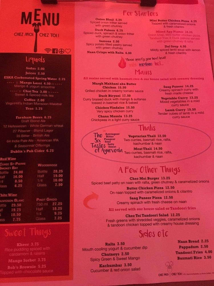 Menu au Chez Moi Chez Toi restaurant, Knowlton