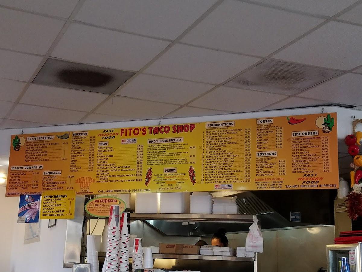 Menu at Fito's Taco Shop restaurant, Tucson, E Wrightstown Rd