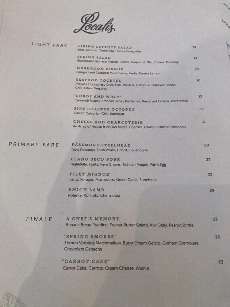 Menu at Localis restaurant, Sacramento