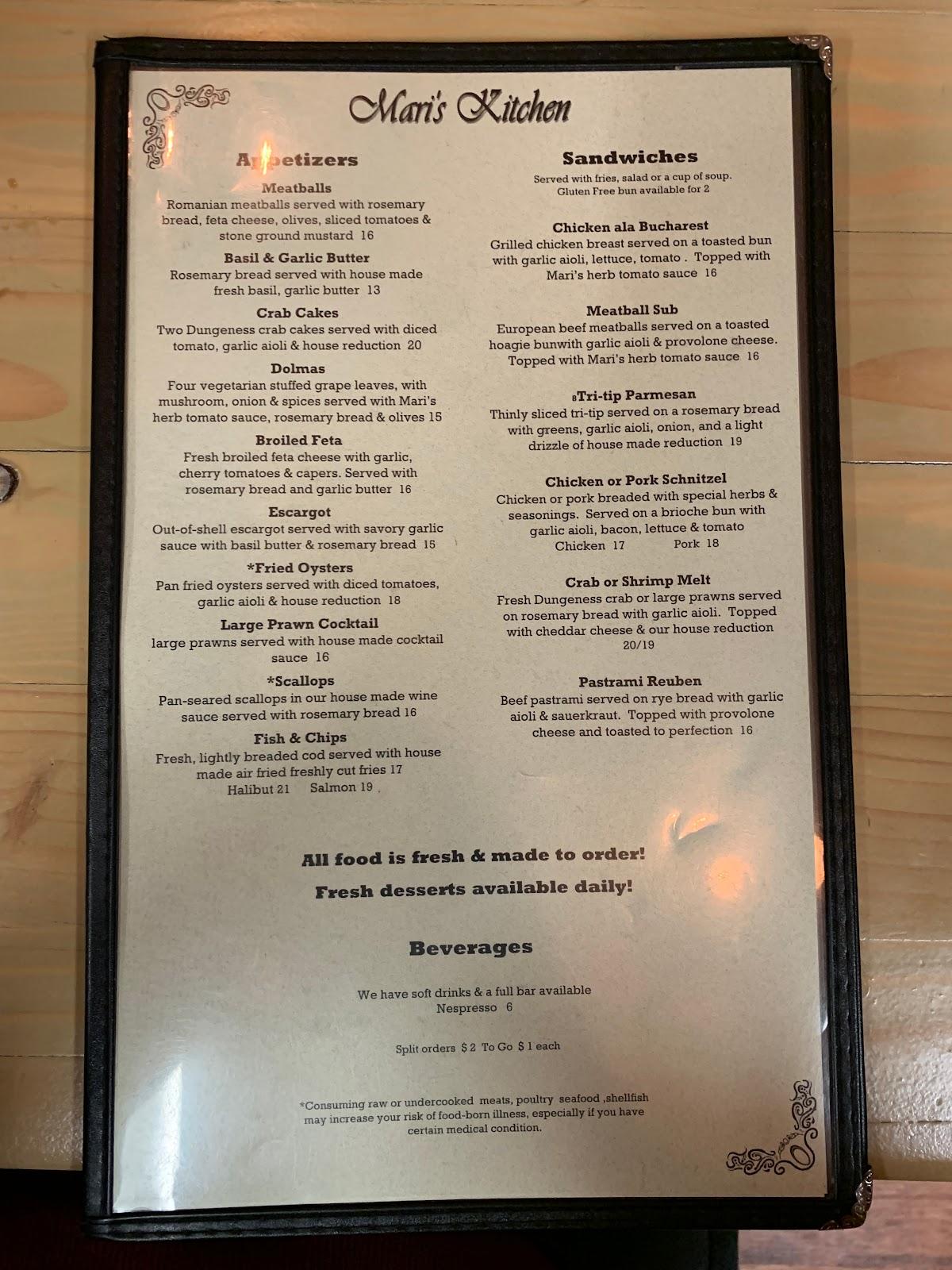 Menu at Mari's Kitchen restaurant, Florence
