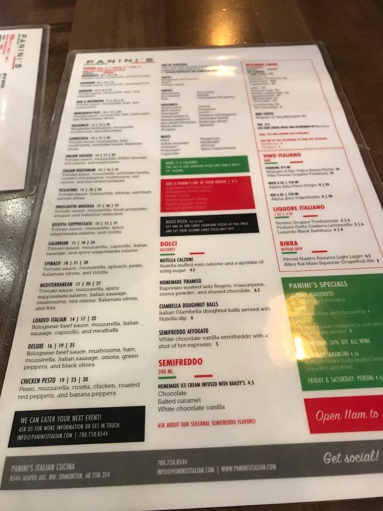 Menu at Panini's Italian Cucina cafe, Edmonton