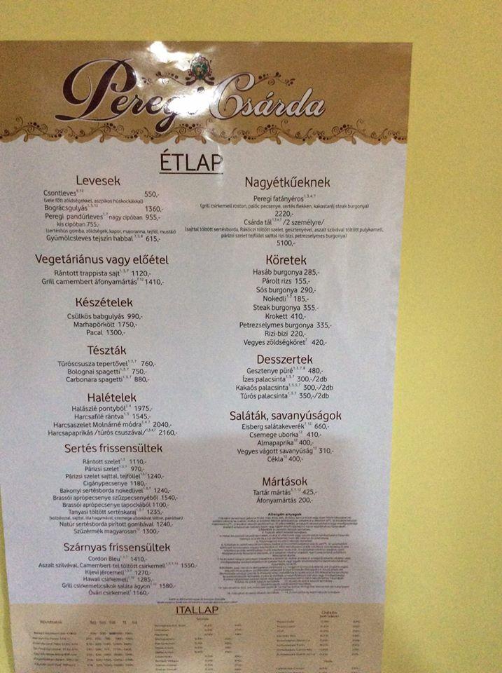 Carta del restaurante Peregi Csárda, Kaszaper