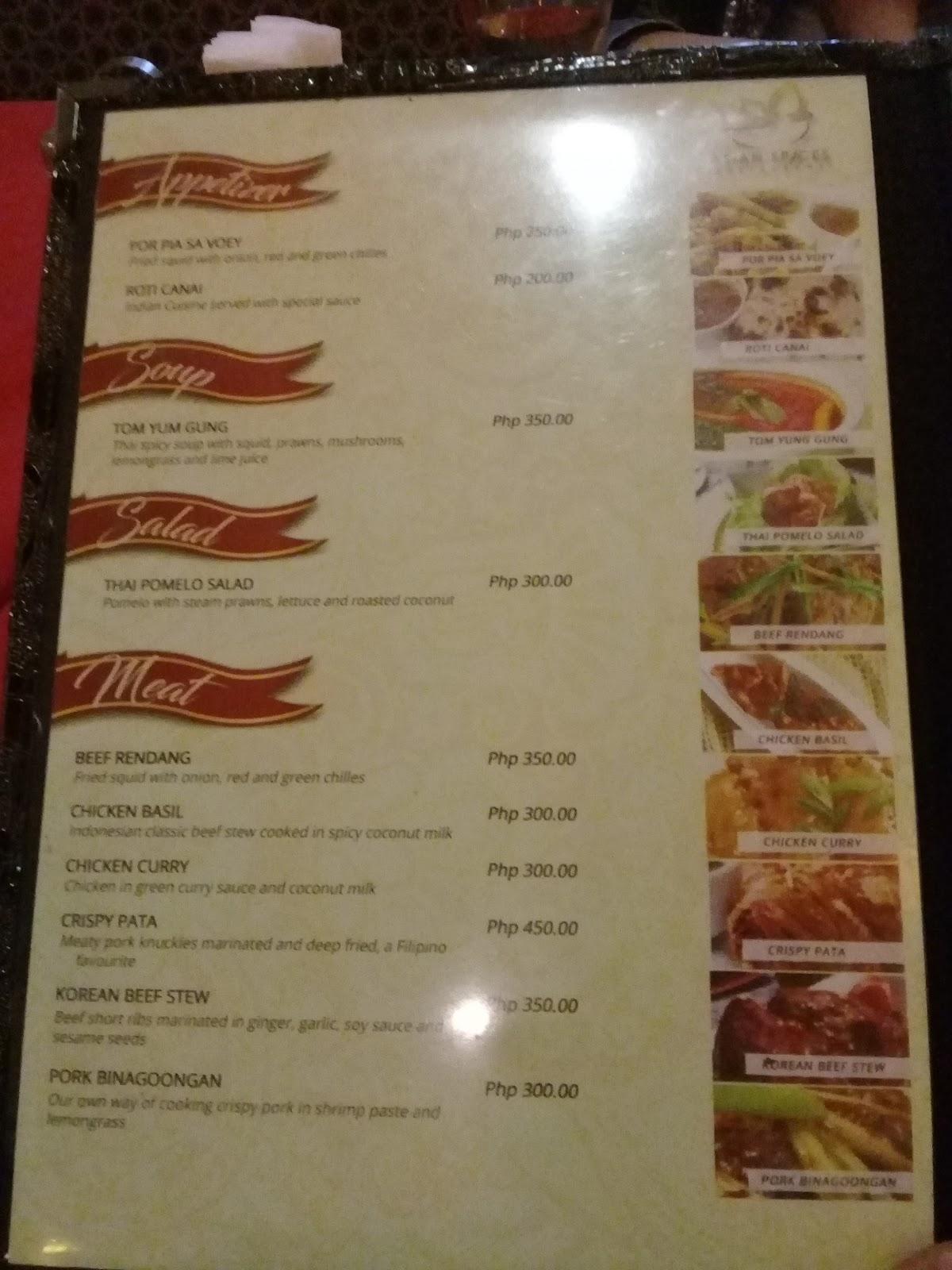Menu at Segara Spices Restaurant Subic, Subic Bay Freeport Zone