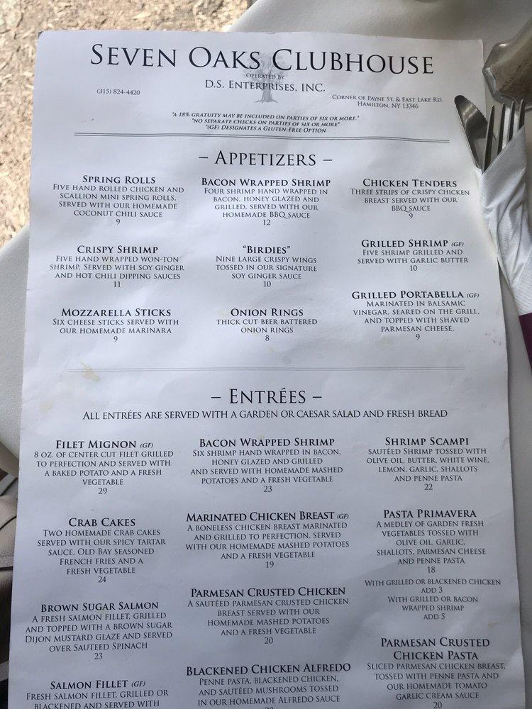 Menu at Seven Oaks Restaurant, Hamilton