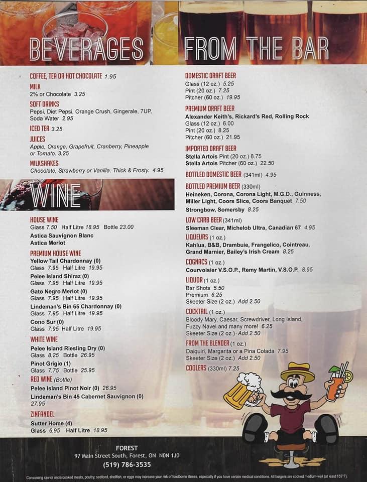Menu at Skeeter Barlow's Forest, Lambton Shores