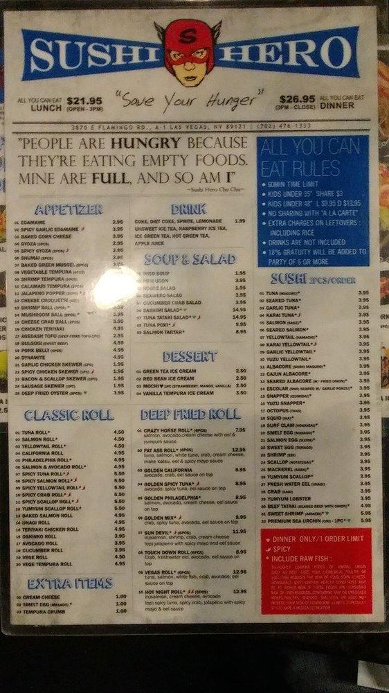 Menu at Sushi Hero restaurant, Las Vegas
