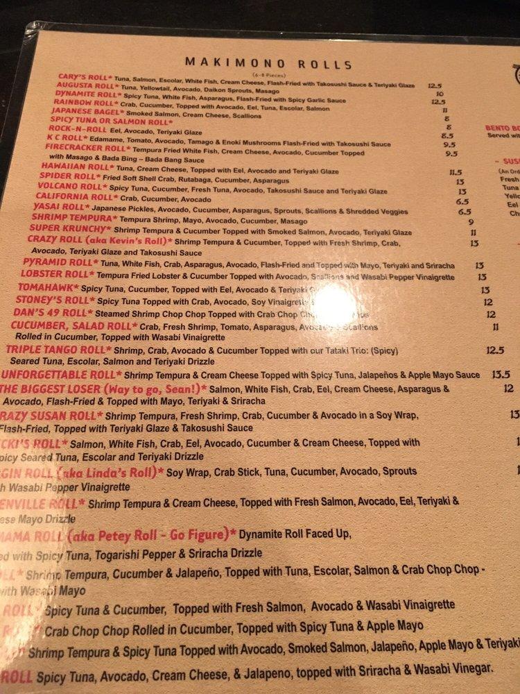Menu at Takosushi restaurant, Greenville